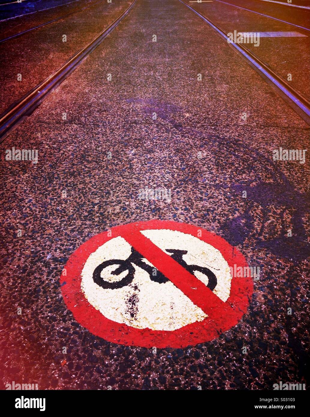 No cycling on tramway sign Stock Photo - Alamy