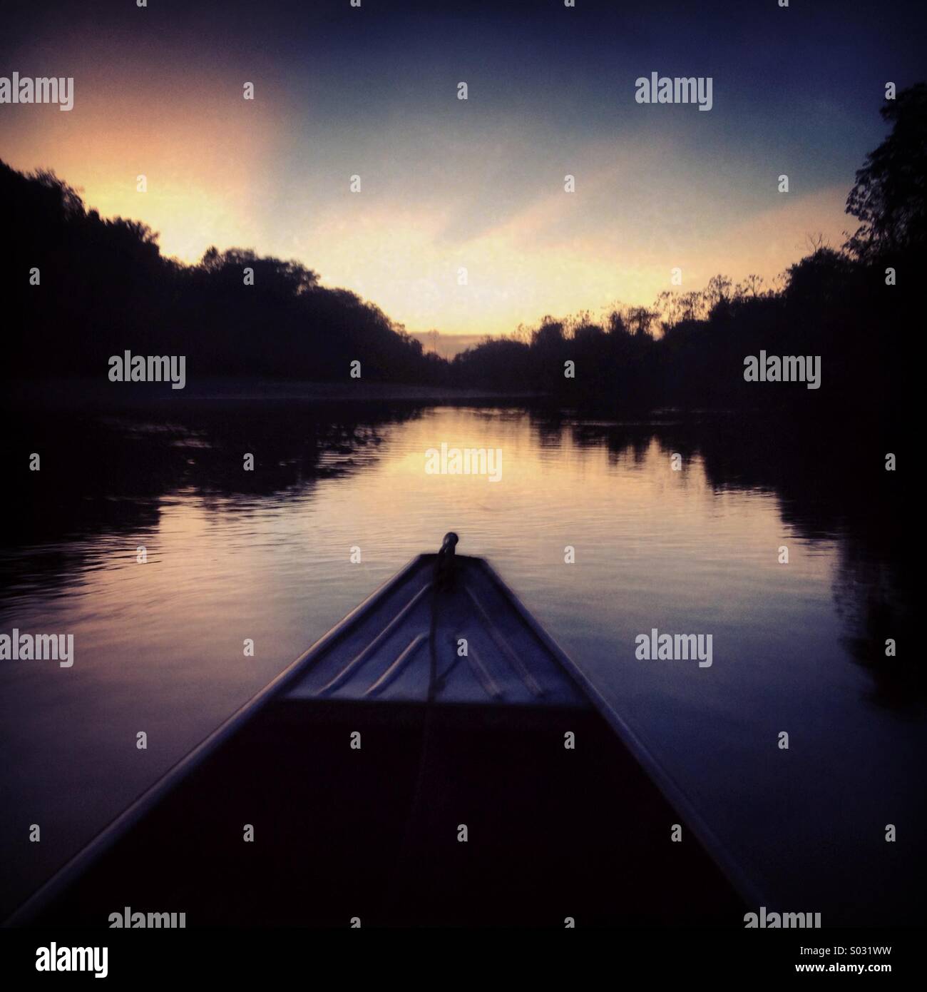 Canoe at dusk, Rupununi River, Guyana, South America Stock Photo - Alamy
