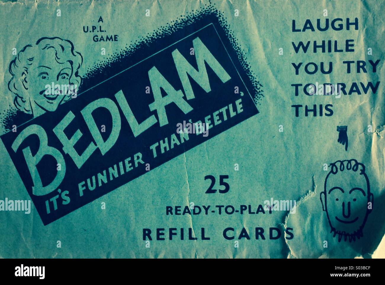 Torn and old version of Bedlam a drawing game from the 1950's Stock ...