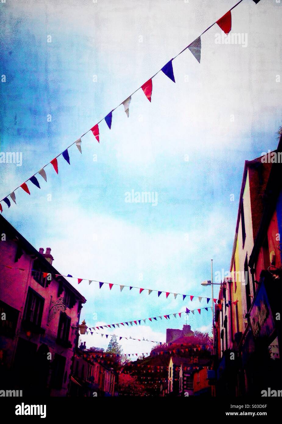 Bunting strung over Clitheroe high street Stock Photo - Alamy