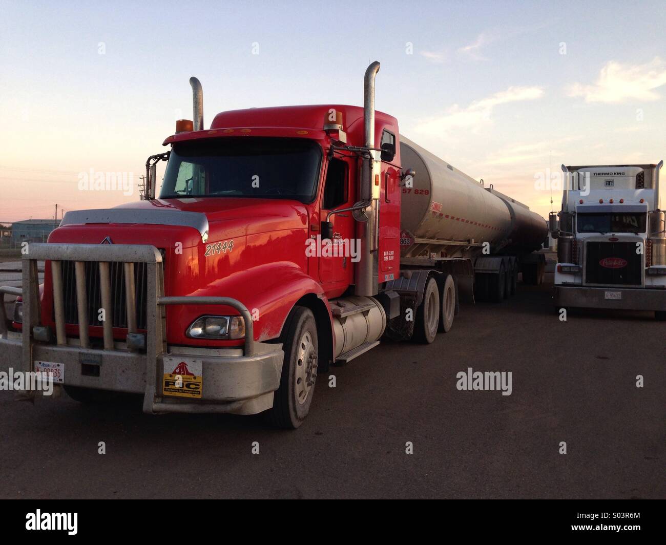 Semi trailer with super- B configured tanker trailers parked in High ...