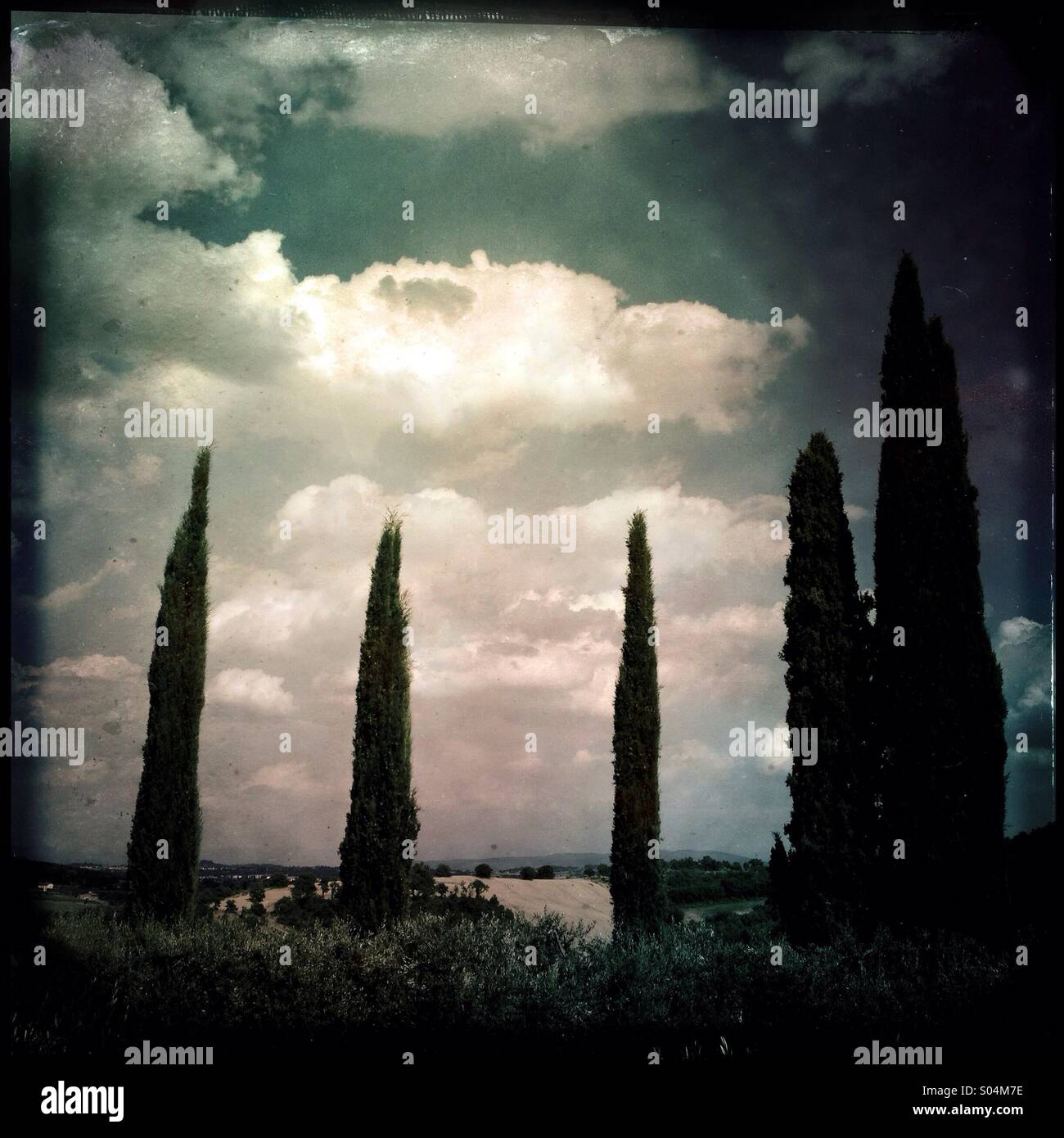 Landscape with Sky, clouds, and cypresses in Solomeo, Italy Stock Photo ...