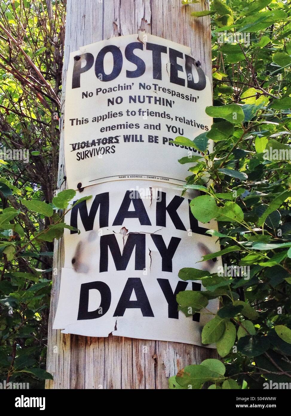 Funny and scary warning signs posted on pole outside someone's property ...