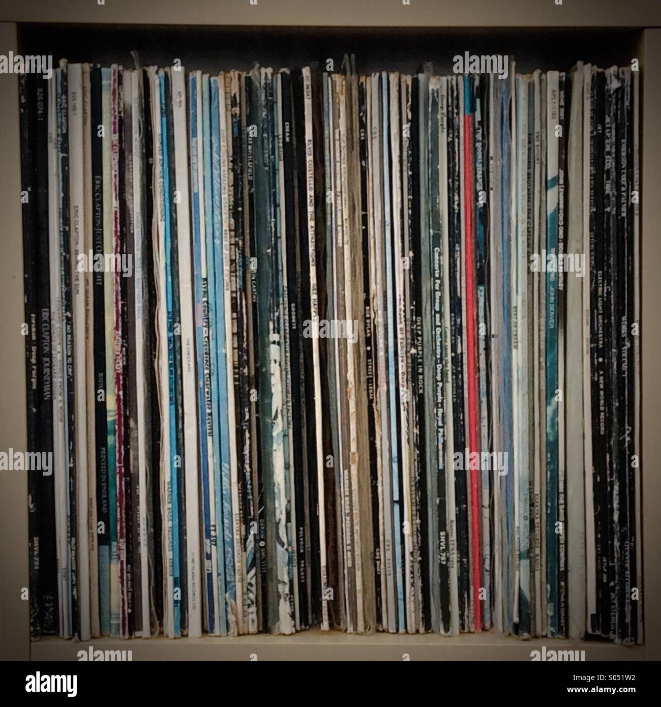 LP record collection on a shelf. Instagram style iPhone mobile phone ...