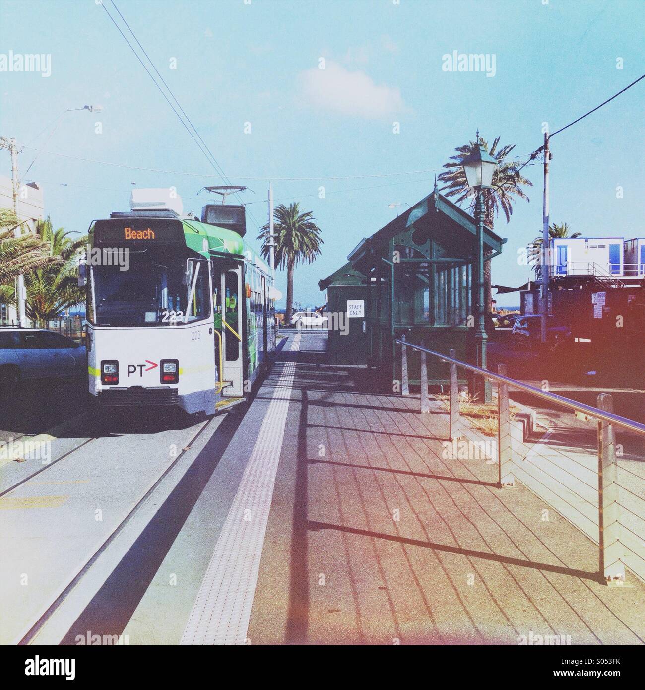 Tram waiting at the stop at the beach Melbourne Australia Stock Photo ...