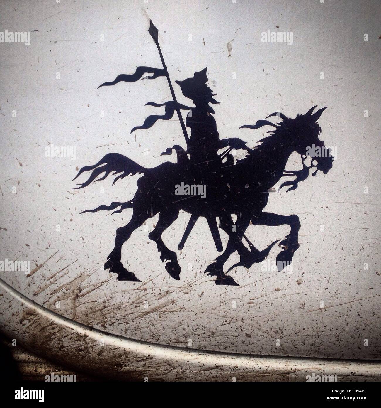 A sticker of Don Quixote riding his horse Rocinante decorates a truck ...