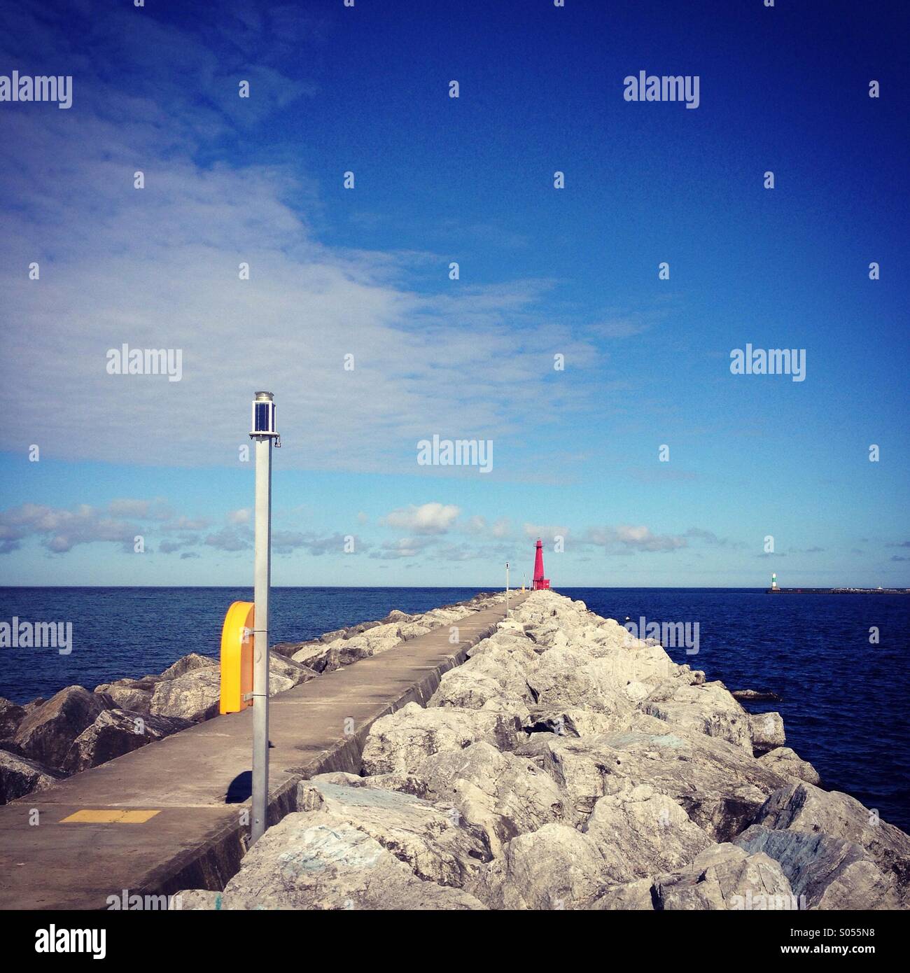 Rock jetty with navigation beacon, near Pier Lighthouse, Muskegon, on ...