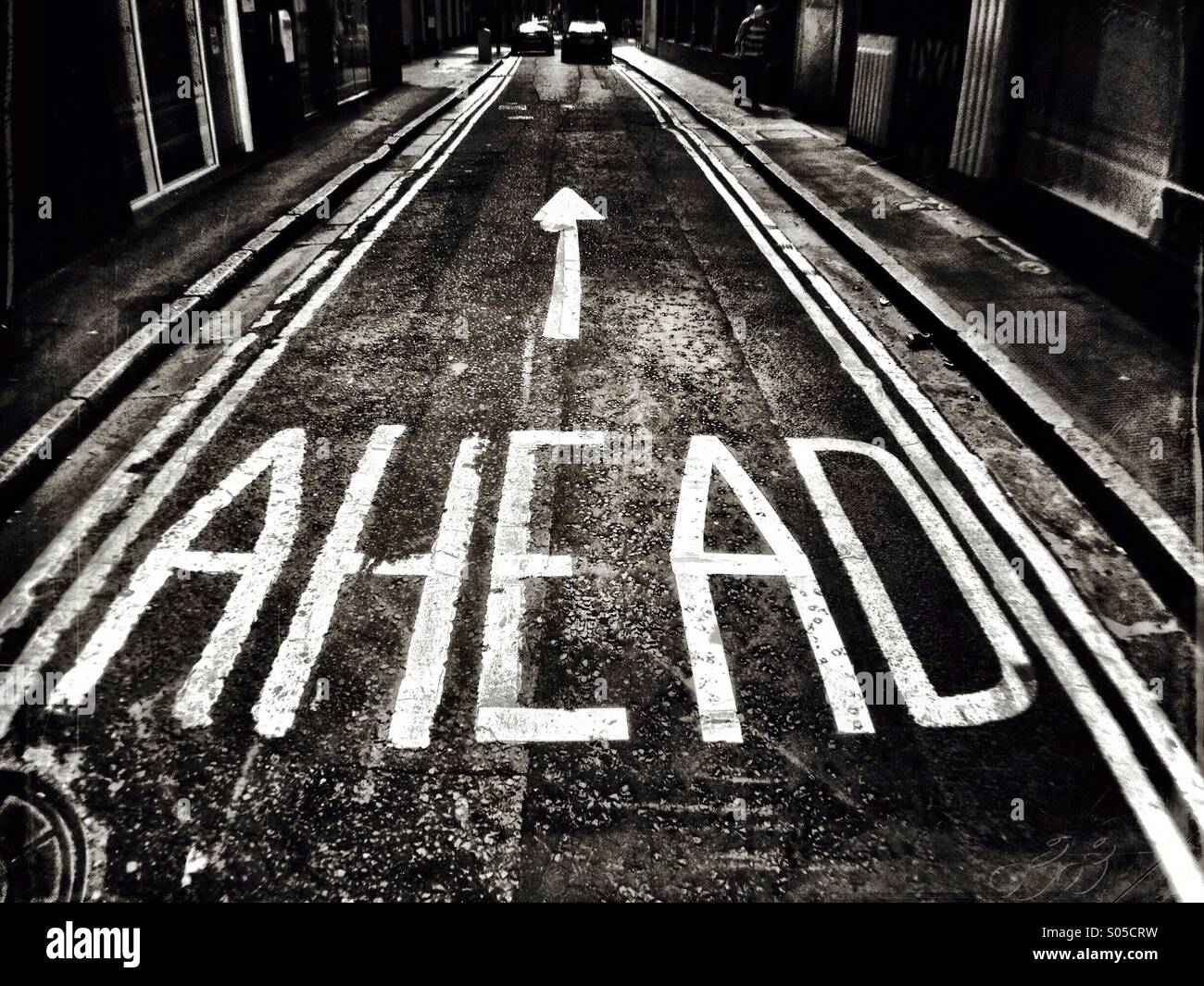 One way street, ahead only with arrow, black and white photograph Stock ...