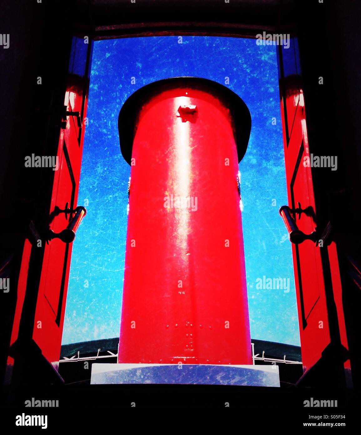Steam boat chimney stack reflected in polished doors Stock Photo - Alamy