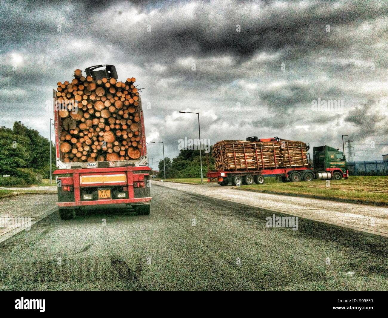 logging trucks in industrial area dramatic graphic 3D texture Stock ...