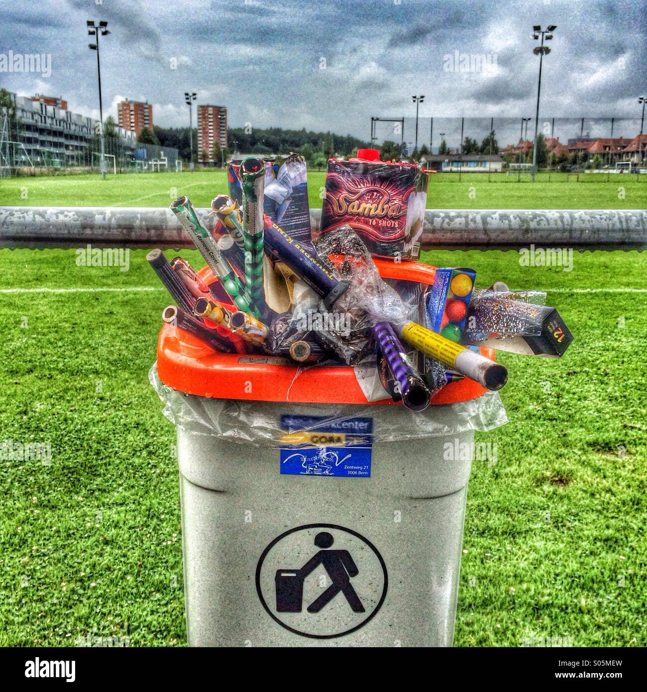 Used fireworks stuffed into rubbish bin Stock Photo - Alamy