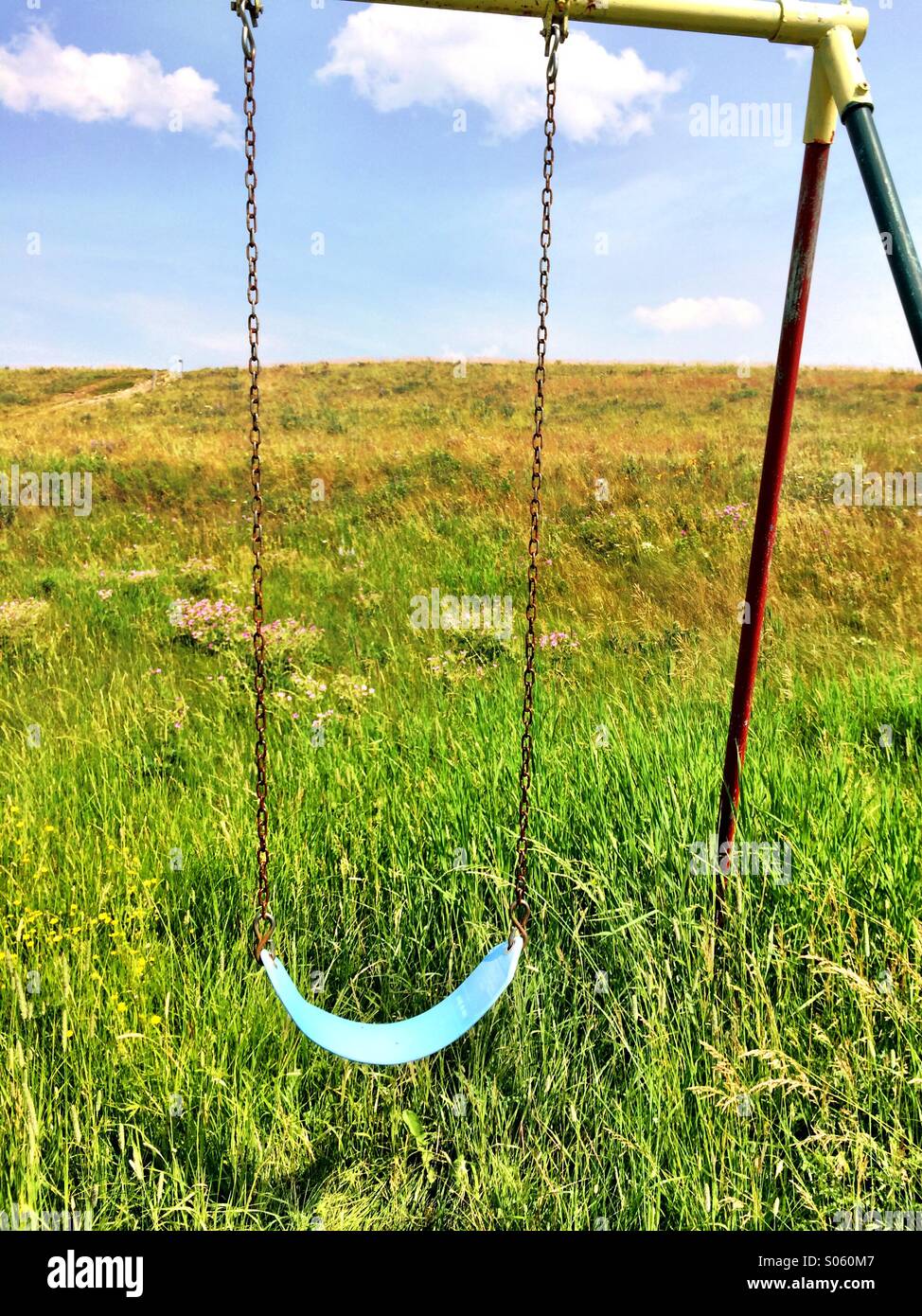 Old swing in field Stock Photo - Alamy