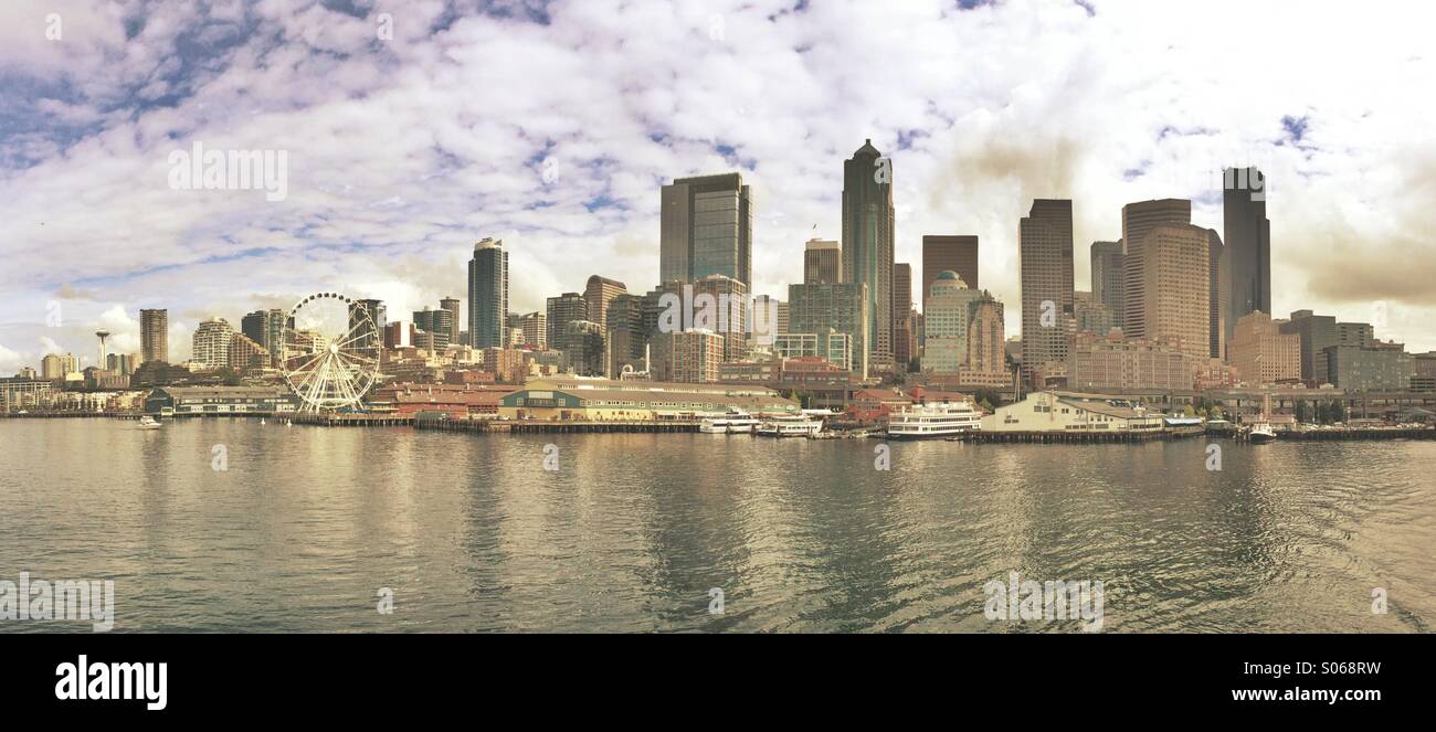 Seattle skyline from ferry boat, Elliot Bay, Seattle, Washington Stock ...