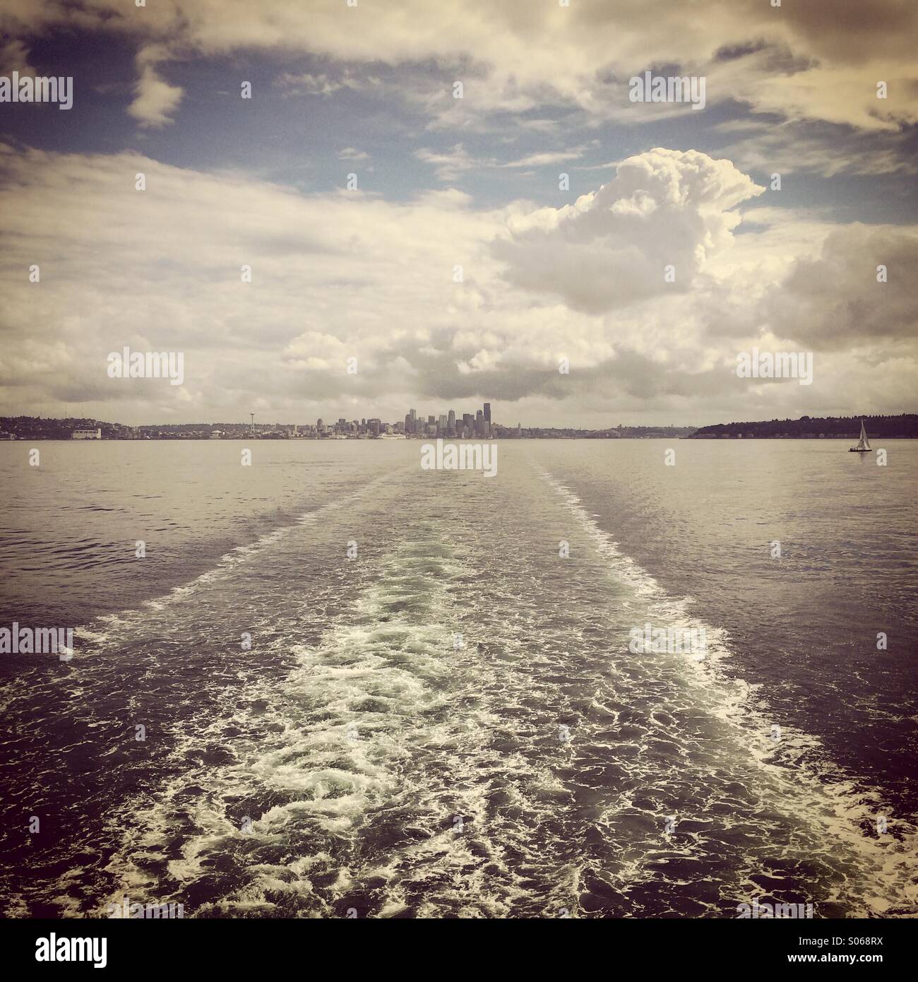Seattle skyline from ferry boat, Puget Sound, Seattle, Washington Stock ...