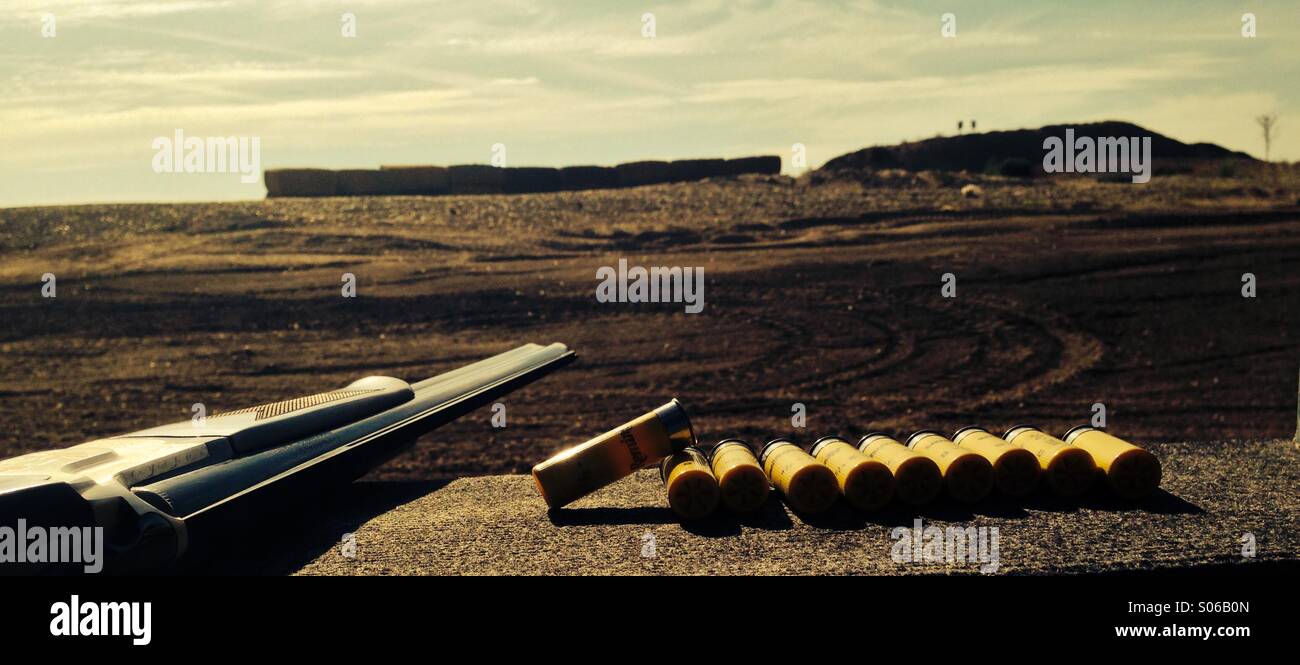 A western themed picture of a shotgun and shells lined up on a table ...