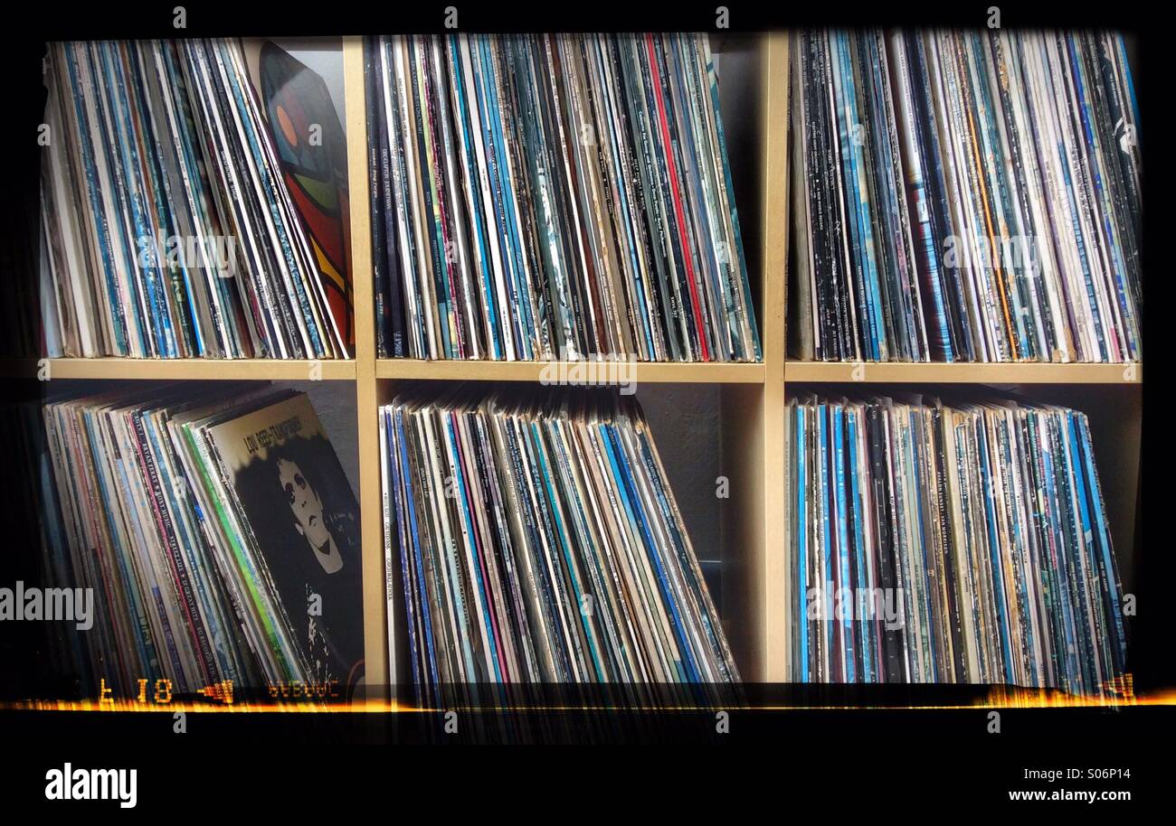 LP record collection in sections of shelving. Instagram style iPhone ...
