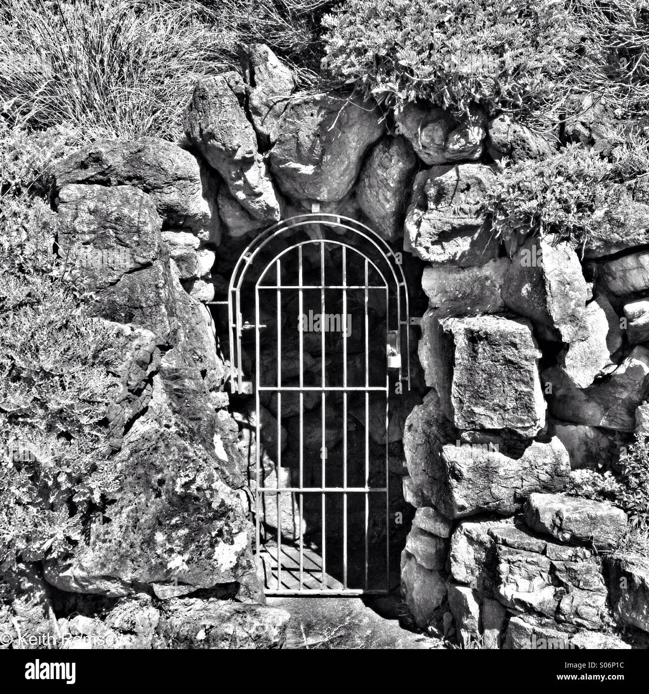 A metal gate blocking access to a cave Stock Photo - Alamy