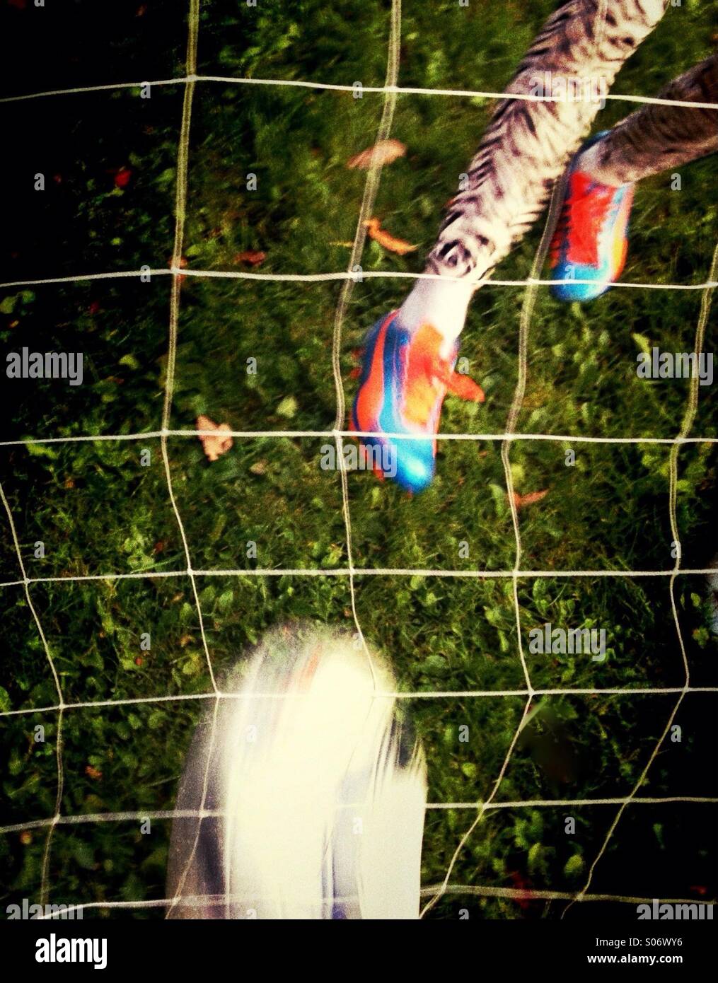 Young girl kicking football into net Stock Photo - Alamy