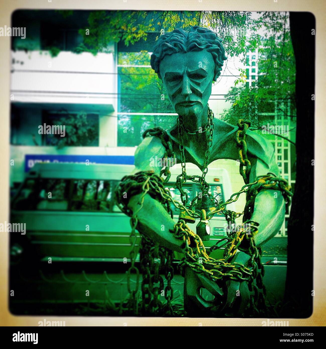 A metal sculpture of an unchained man decorate Nuevo Leon avenue in ...