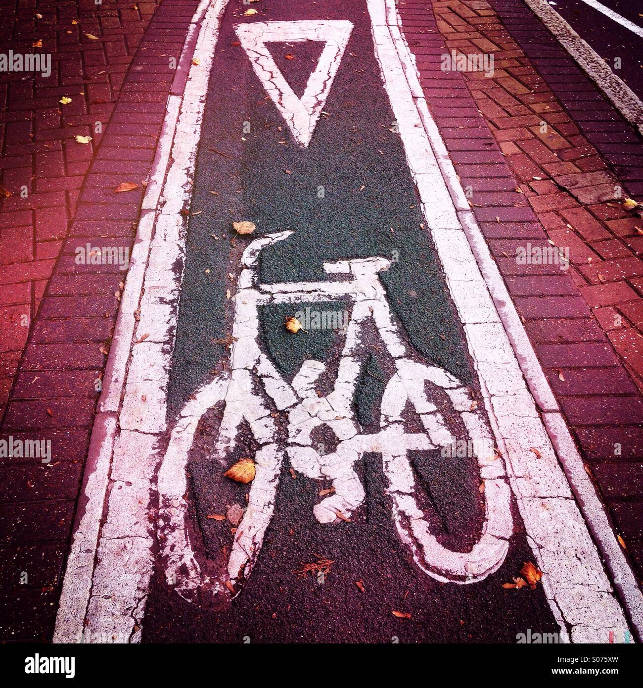 Cycle path sign with red glow Stock Photo - Alamy