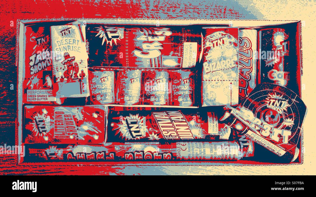 Pop art style photo of a box of fireworks Stock Photo - Alamy