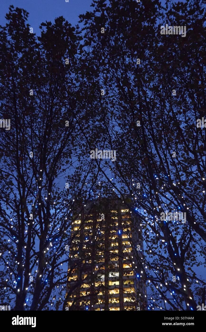 Building behind trees with lights at dusk Stock Photo - Alamy