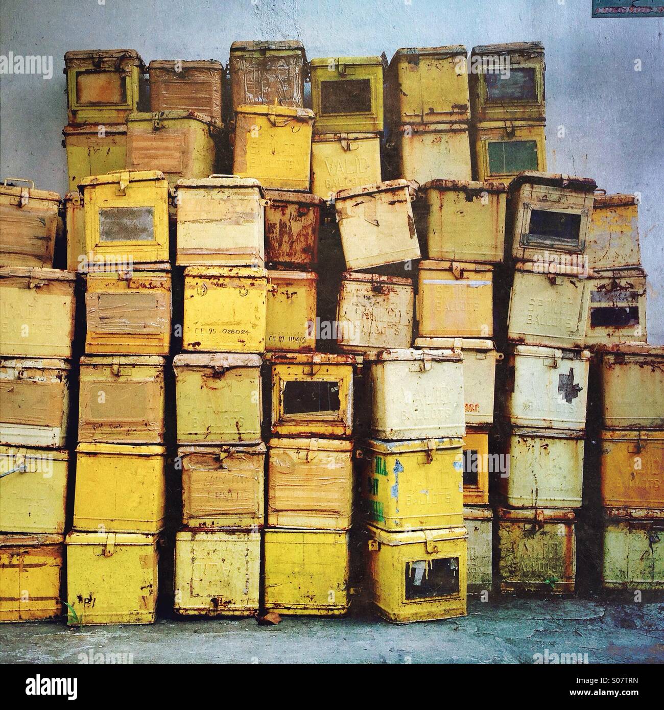 Discarded unused ballot boxes outside of government building in ...