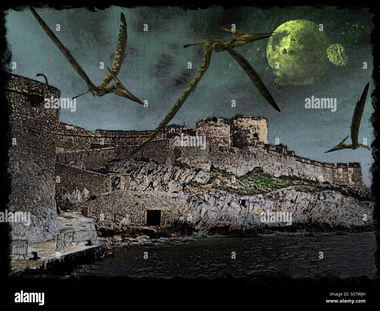 Brooding scene with crumbling cliff-top castle, pterodactyls, and an ...
