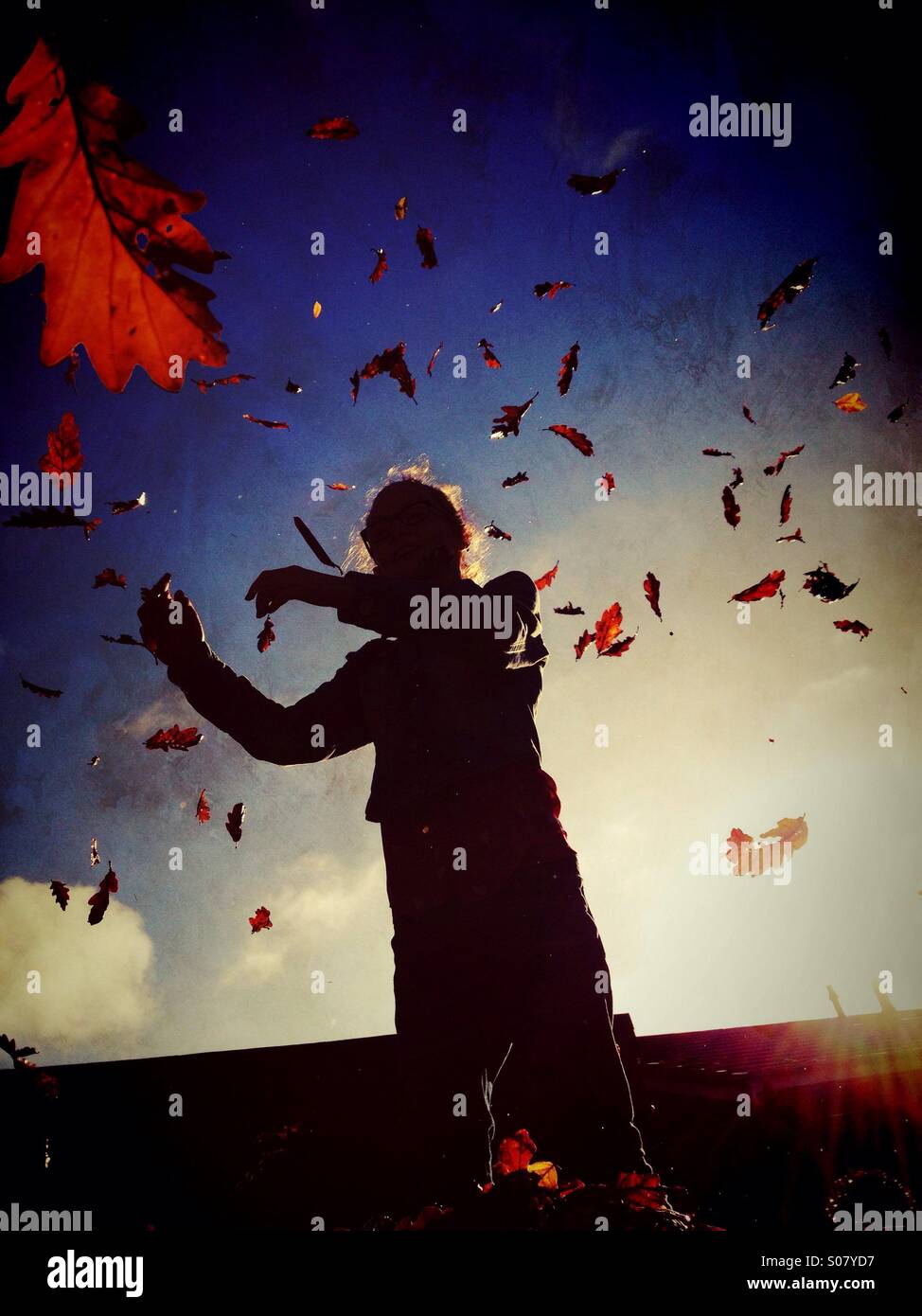 Young girl with autumn leaves falling around her Stock Photo - Alamy