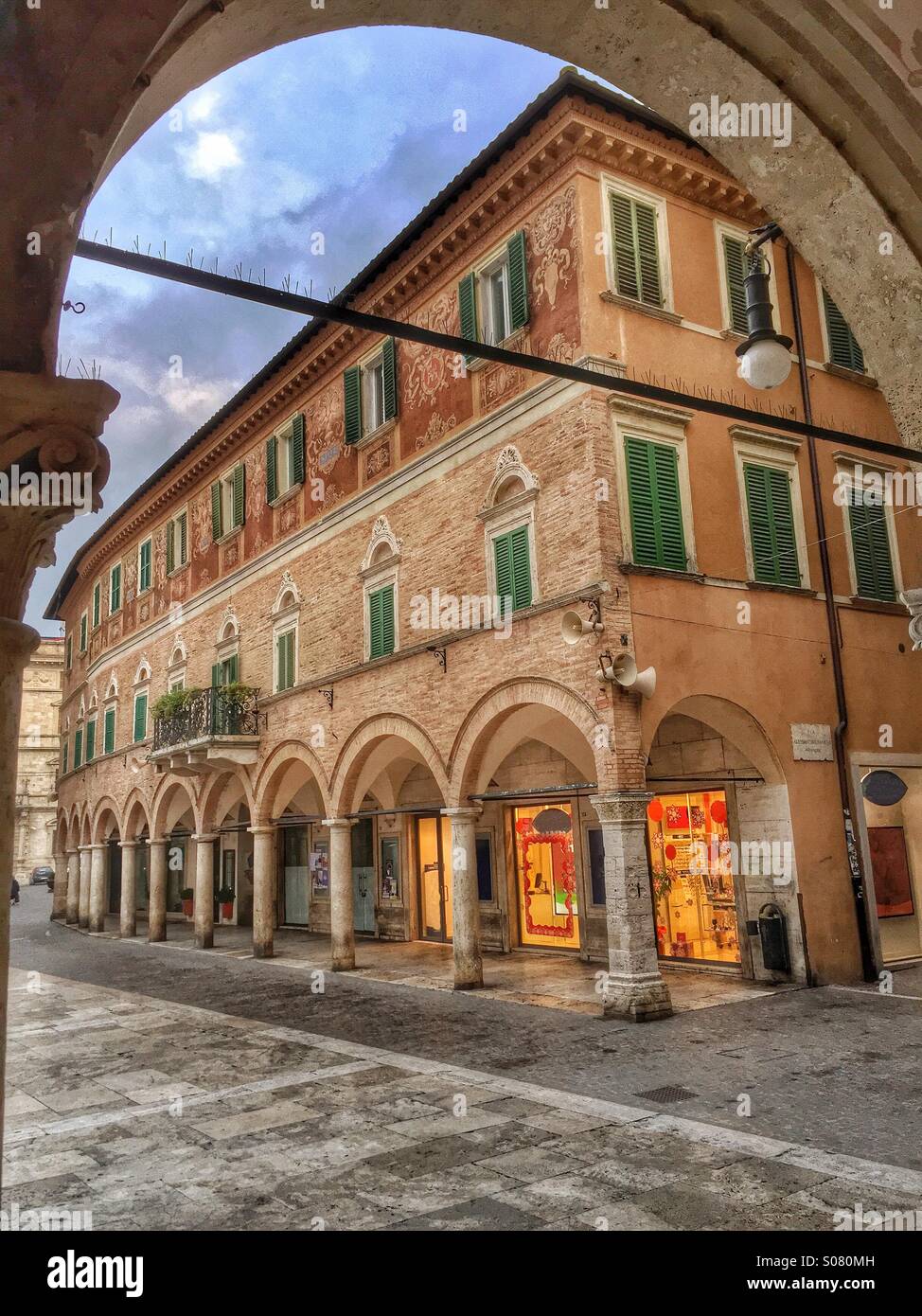 Ascoli Piceno view over an old building of Piazza del Popolo Stock ...