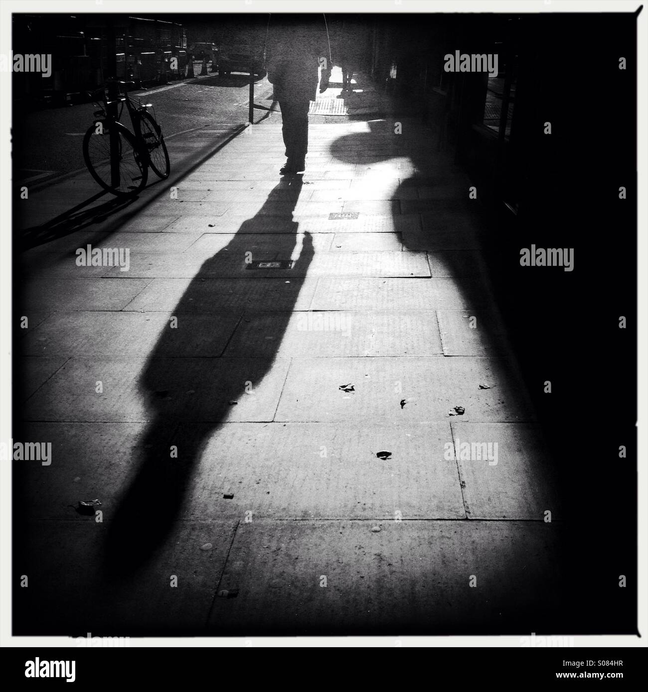 High contrast image showing a long shadow if a pedestrian walking in ...
