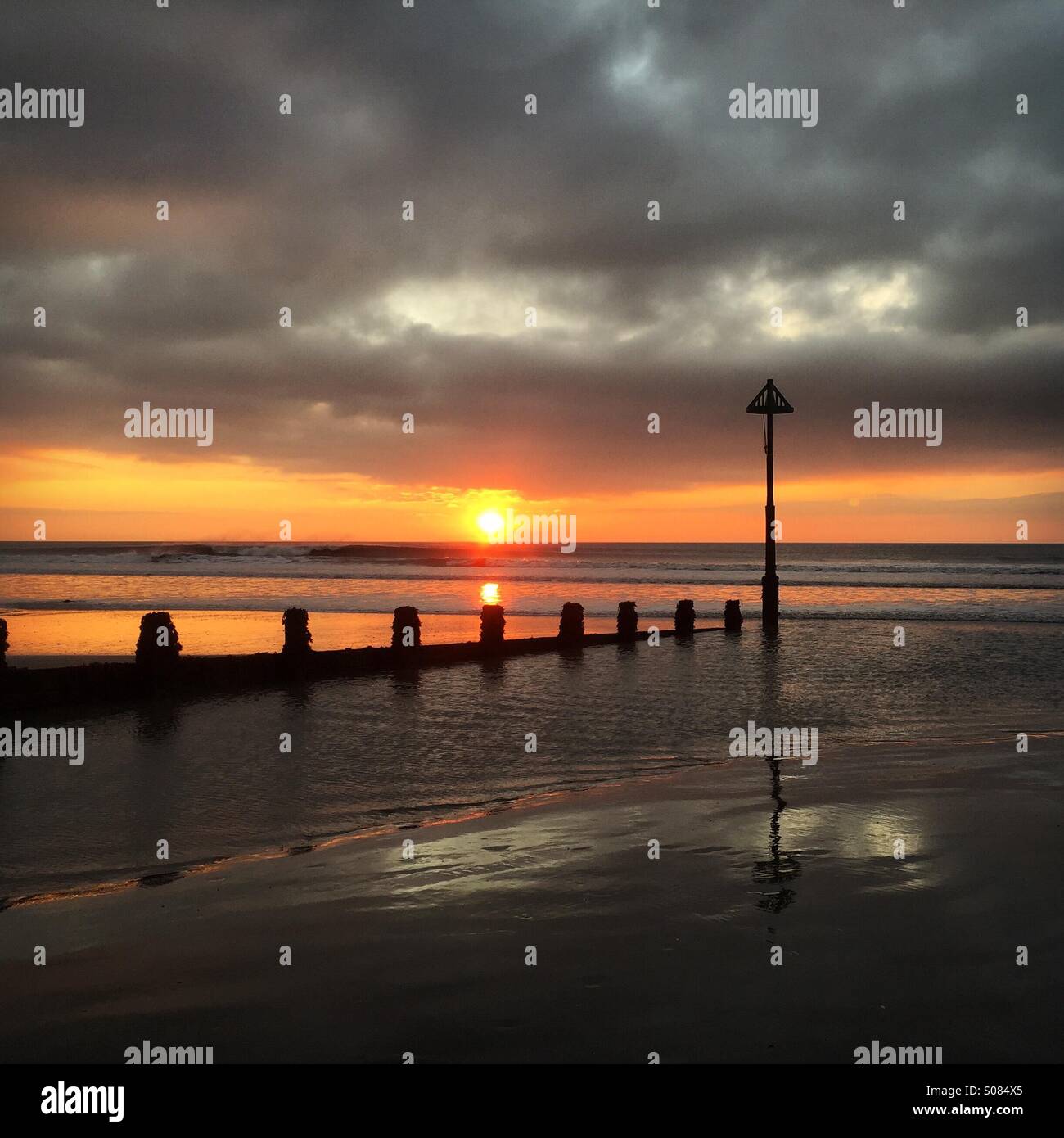 Sunset, breakwater on beach, Borth,Wales Stock Photo - Alamy