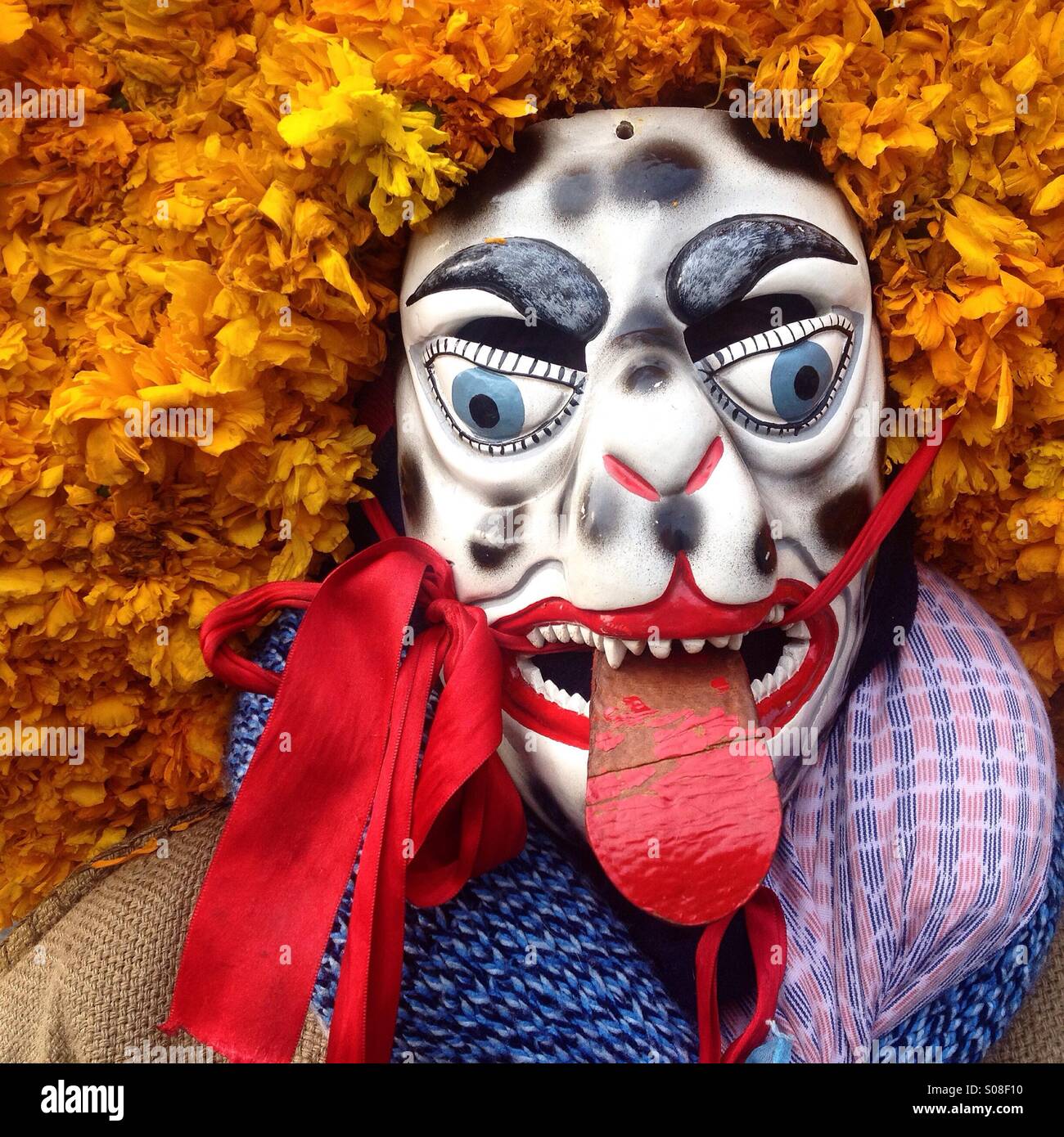 A dancer from Zumpango del Rio, Guerrero, wearing a white jaguar mask ...