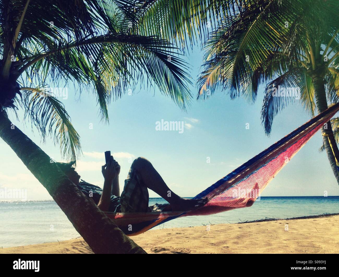 Man trading electronic book under a palm tree, Belize Stock Photo - Alamy