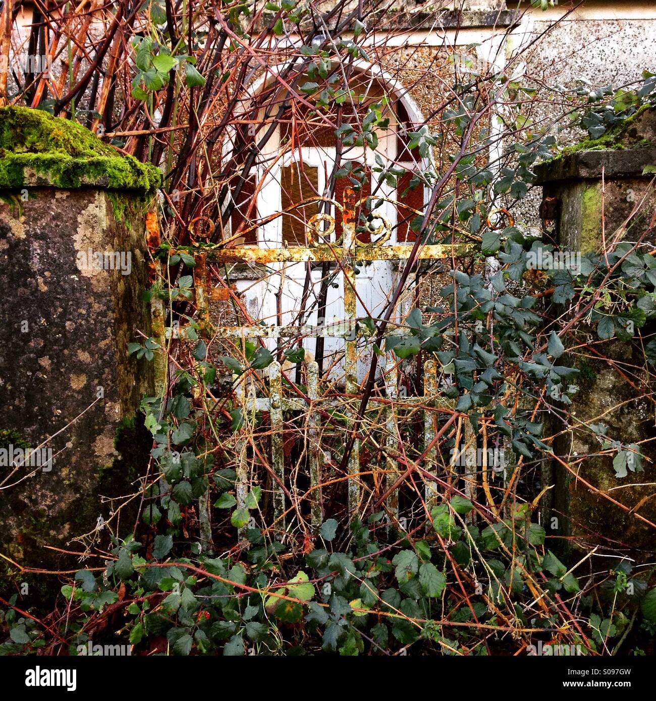 Overgrown entrance gate gateway to farm cottage Stock Photo - Alamy