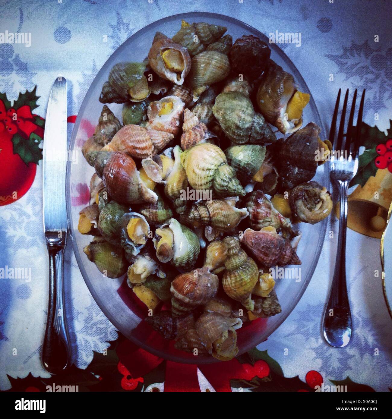 Seasnails seafood in a plate top view Stock Photo - Alamy