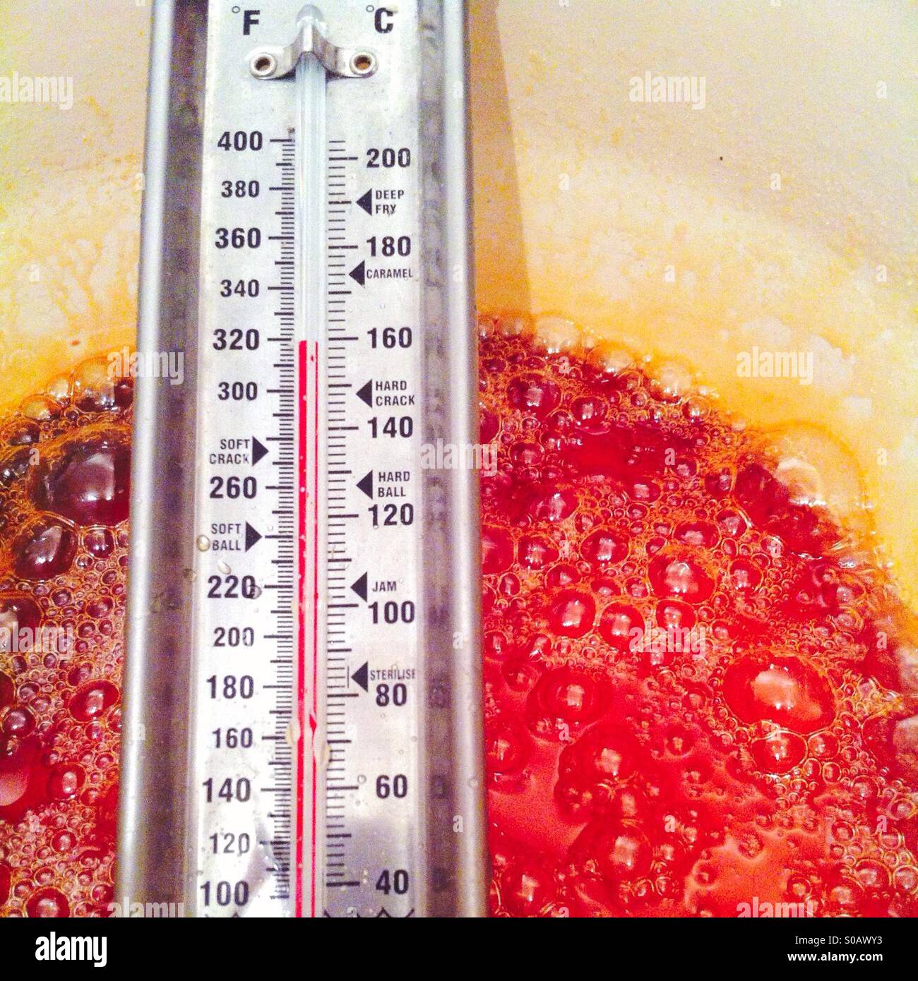 Boiling sugar in a pan, with a thermometer indicating the temperature ...