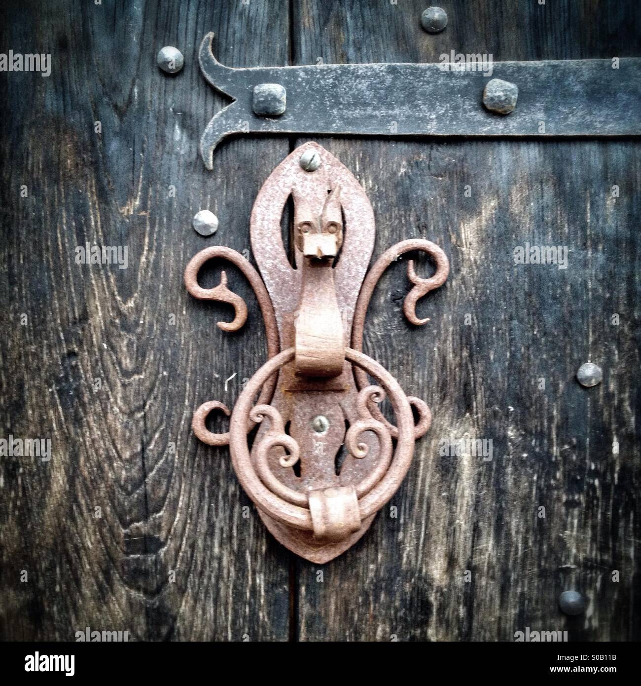 Quirky door knocker, in the shape of a dragon, on a weathered wooden ...