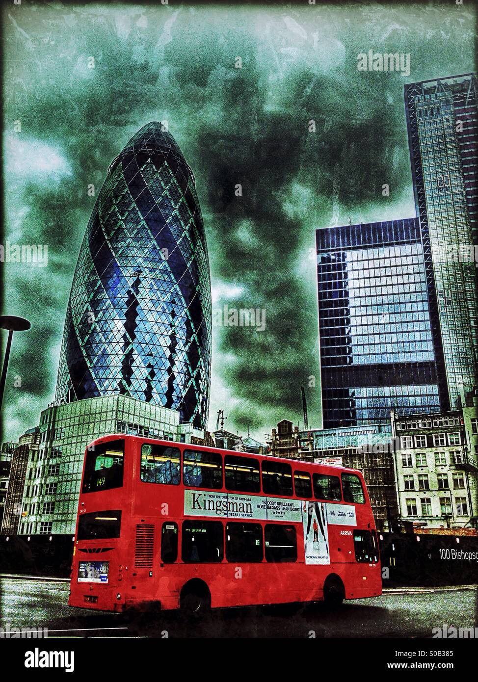 Double decker bus in the City showing the Gherkin, Central London ...