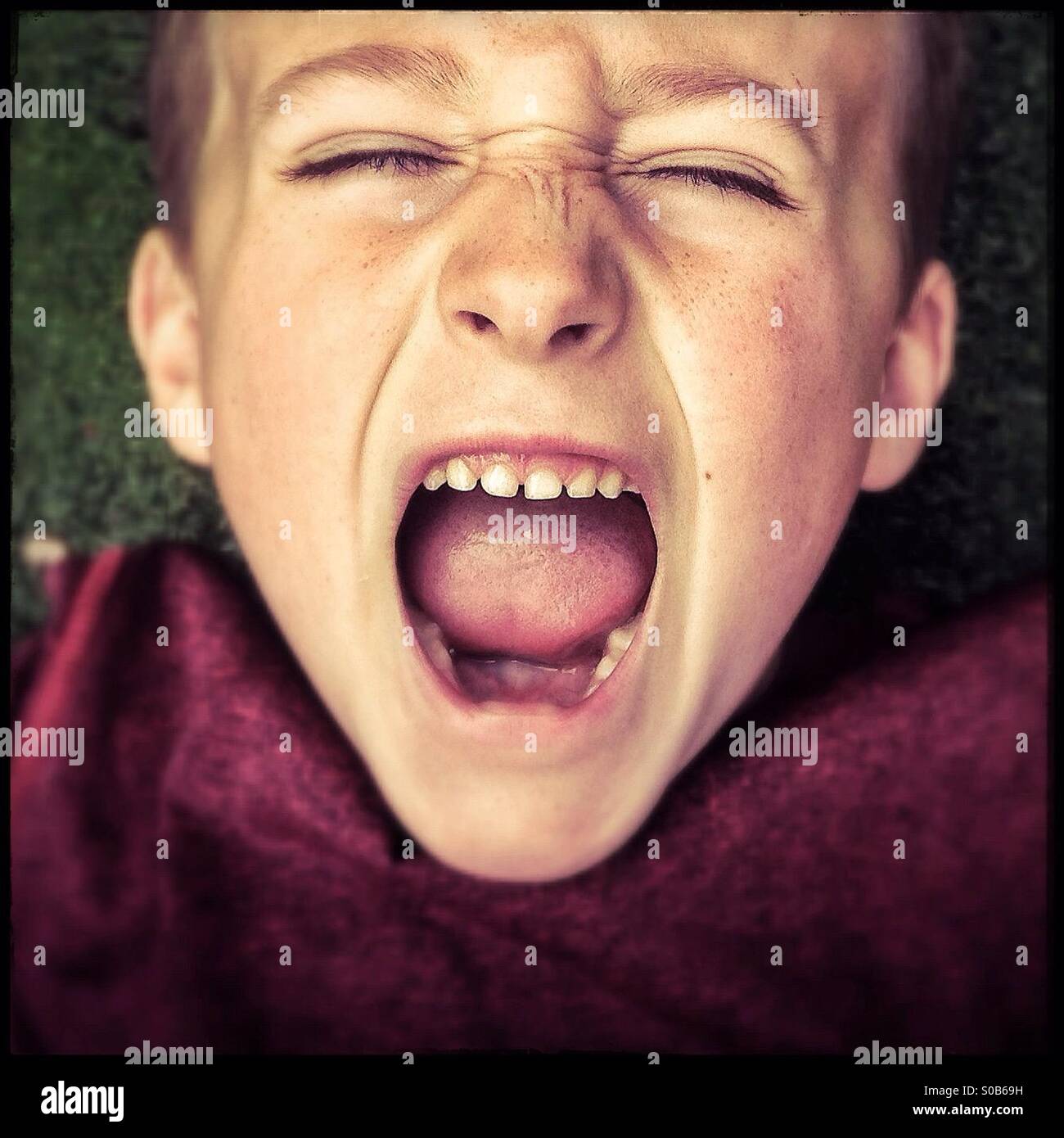 Close up of portrait of crazy kid screaming loudly with closed eyes ...