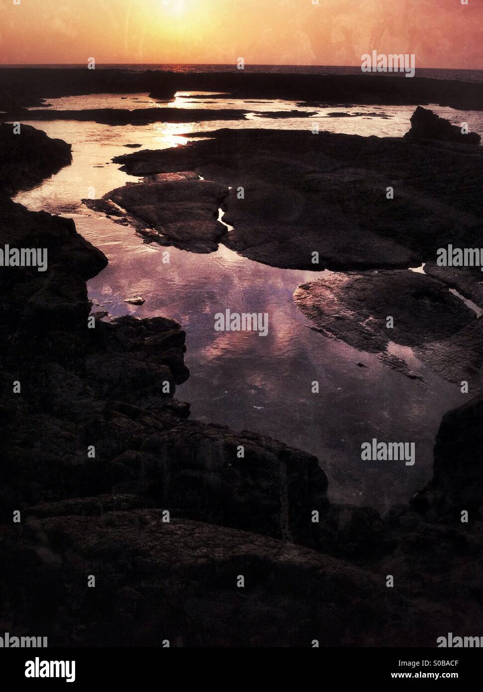Sunset reflects in a tide pool in Hawaii Stock Photo - Alamy