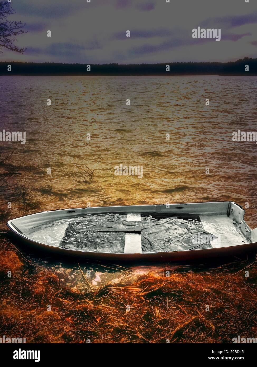 An empty and abandoned rowboat on Lake Mälaren in Hässelby Strand ...