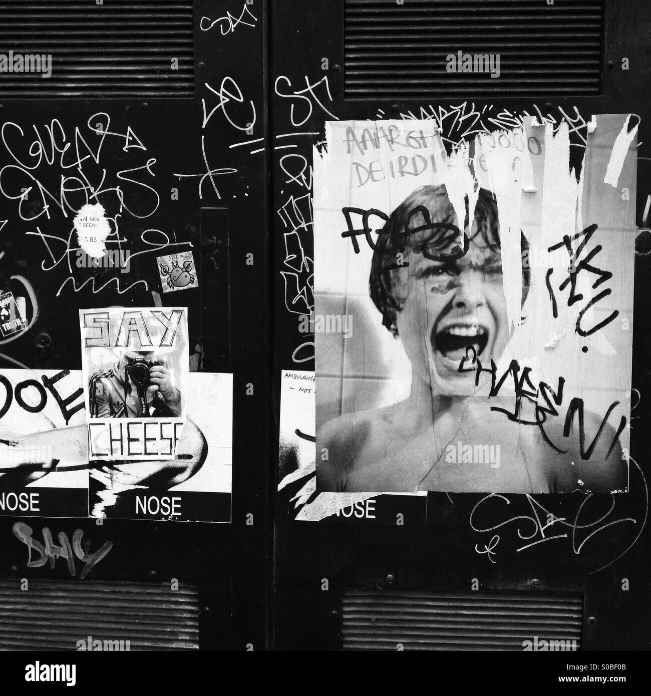 Defaced posters and assorted graffiti on a louvred metal door in ...