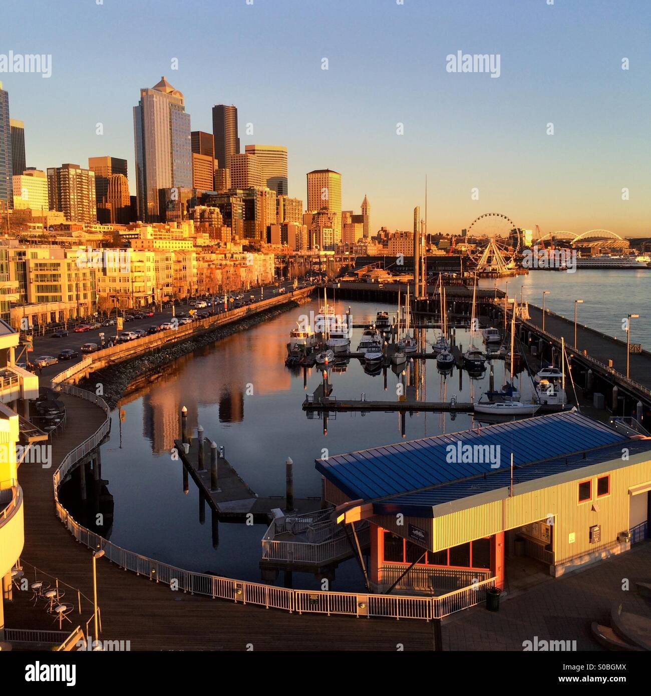 Downtown, Waterfront, Seattle, Washington, USA, February 2015, sunset ...