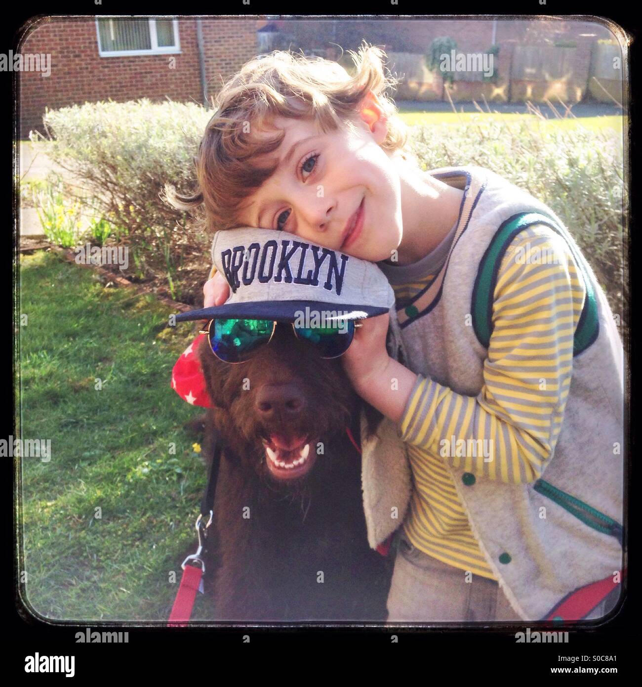 Five year old boy and his pet Labradoodle dog Stock Photo - Alamy