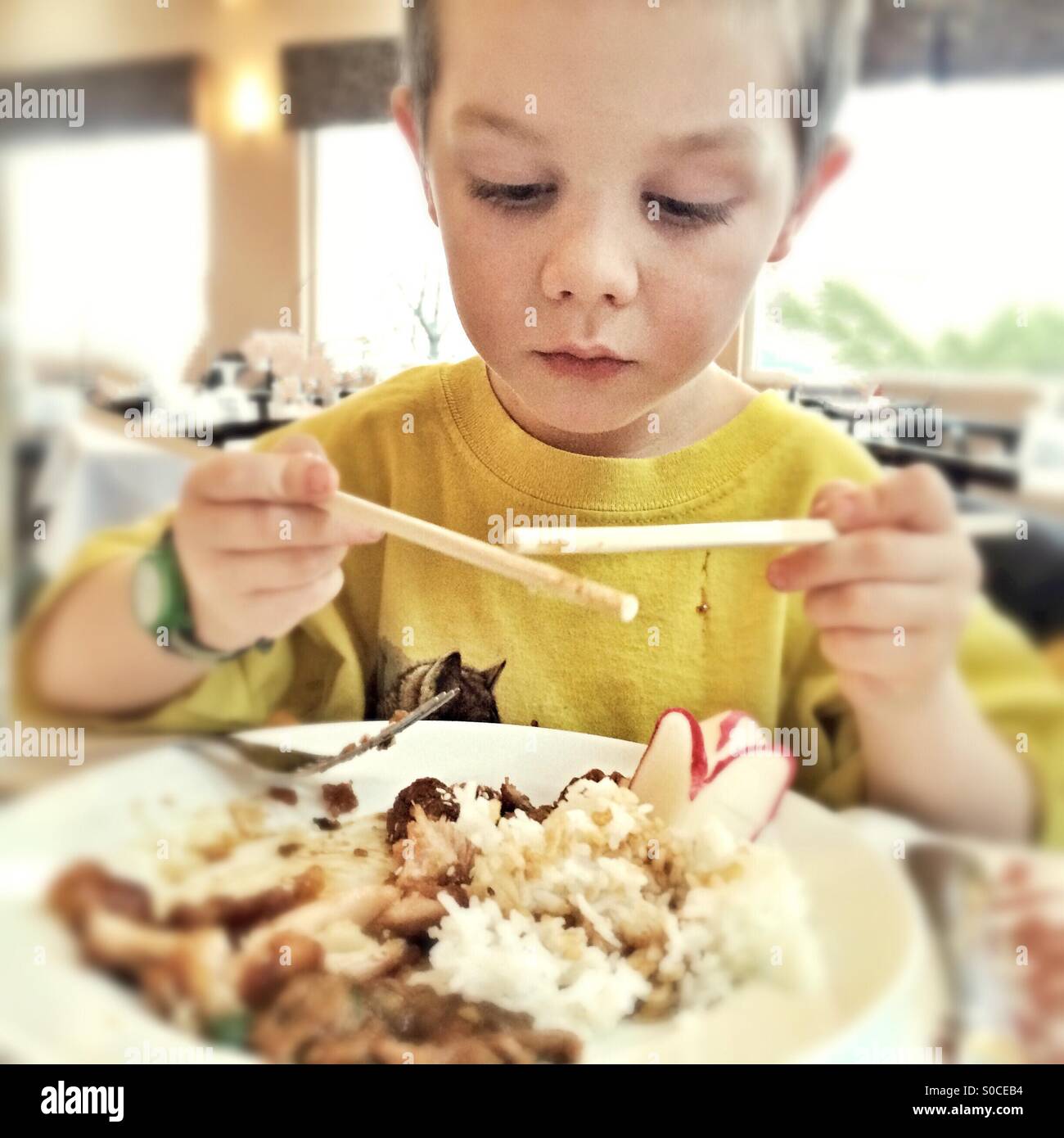 Young boy learns to use chopsticks at a Chinese restaurant Stock Photo ...