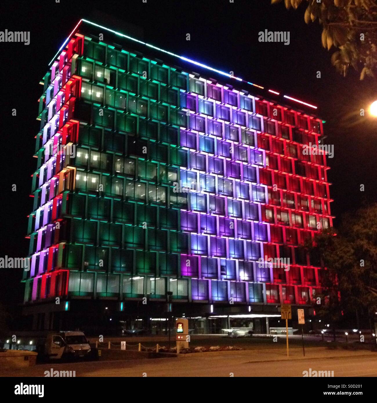 Council building lit up at night, St George's Terrace, Perth, Western ...
