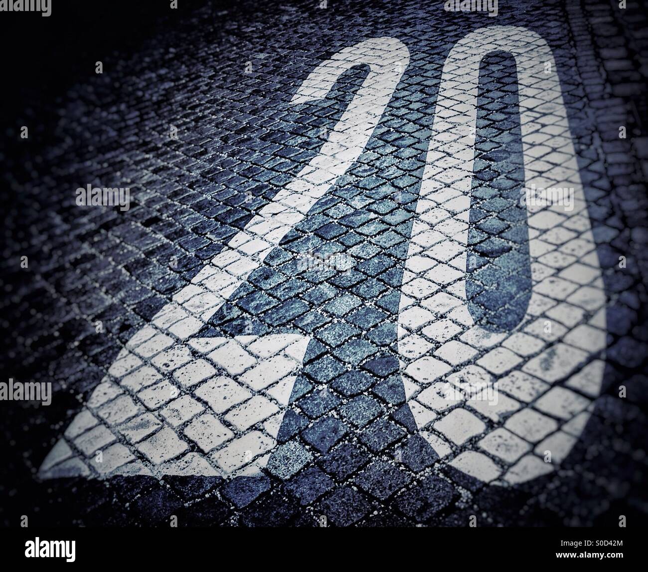 20 speed limit sign painted on cobblestone road in white paint ...