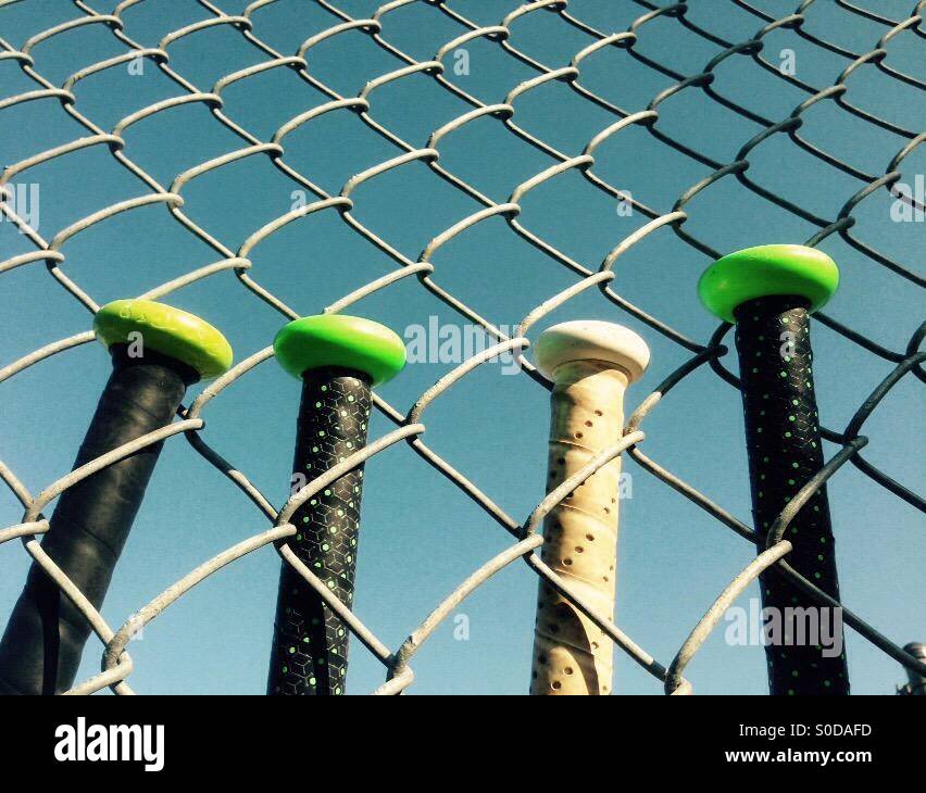 Baseball bats on a fence against blue sky Stock Photo - Alamy