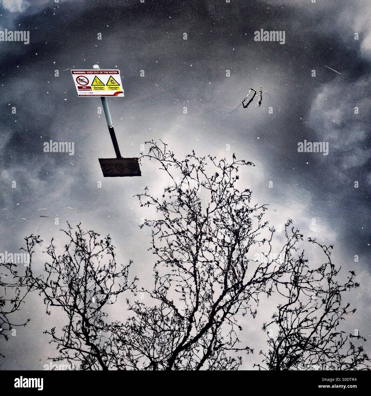 Warning sign and reflection of tree in pond Stock Photo - Alamy